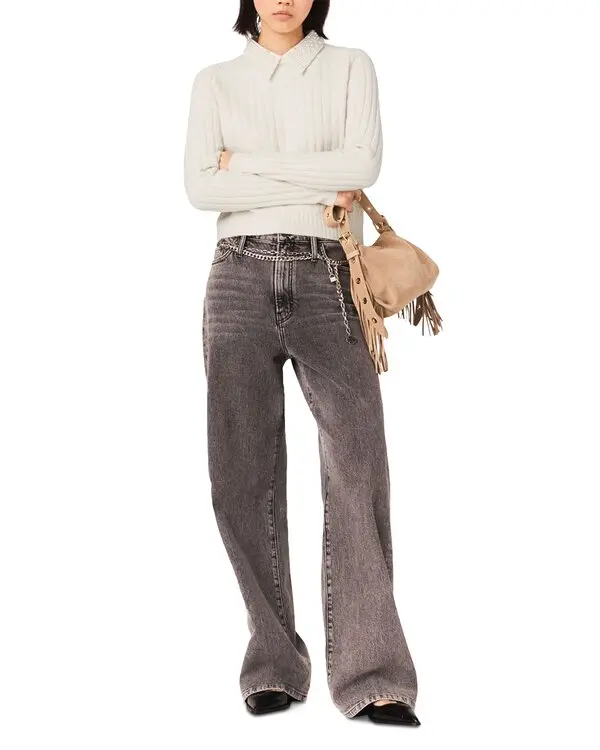 Maje Ribbed Sweater With Beaded Collar - Ecru