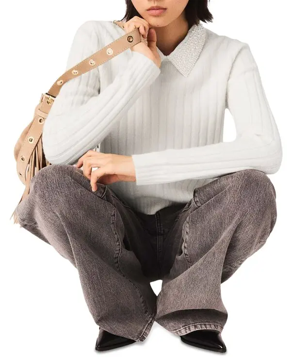 Maje Ribbed Sweater With Beaded Collar - Ecru
