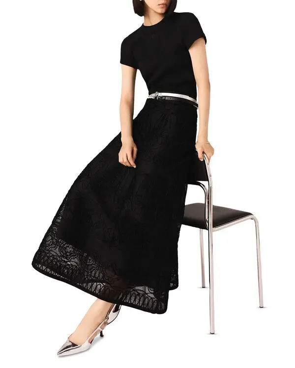 Maje Embroidered Basket Weave Knit Skirt