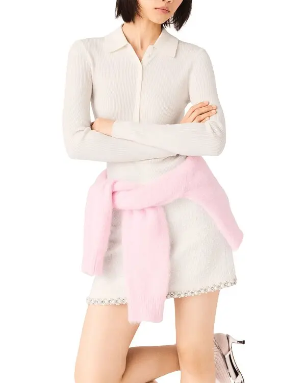 Maje Ribbed Polo Sweater - Ecru
