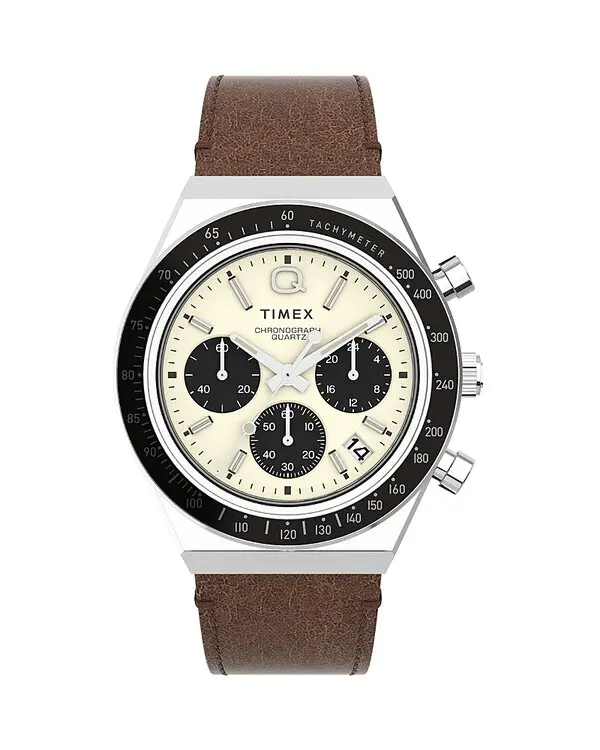 Timex® Q Chronograph 40mm Leather Strap Watch - White/brown