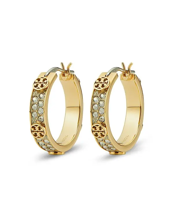 Tory Burch Miller Double T & Pave Studded Small Hoop Earrings - Gold