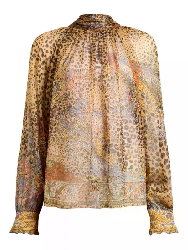 Etro Scarf Paisley Animal Silk Top - Neutrals