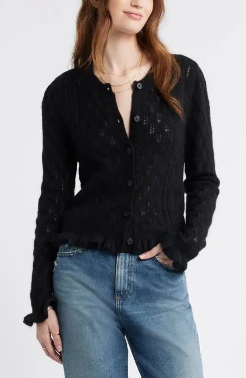 Treasure & Bond Pointelle Ruffle Edge Cardigan - Black