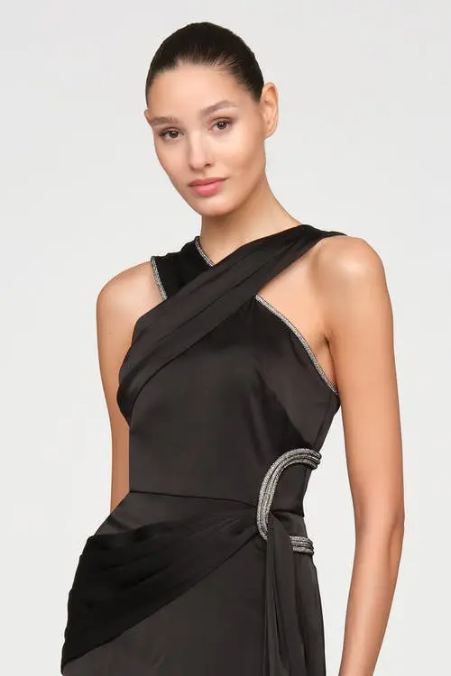 Theia Cressida Halter Column Gown - Black