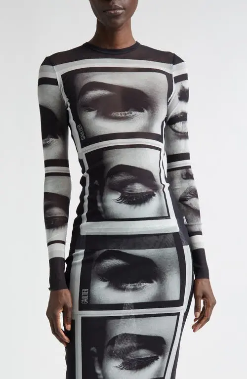Jean Paul Gaultier Re-edition Eyes & Lips Long Sleeve Mesh Top - Black/grey/white