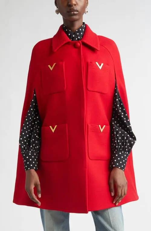 Valentino Garavani V-detail Wool & Silk Double Drill Cape - Deep Red