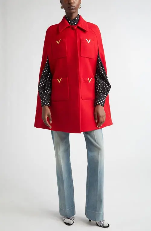 Valentino Garavani V-detail Wool & Silk Double Drill Cape - Deep Red