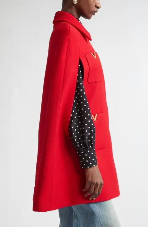 Valentino Garavani V-detail Wool & Silk Double Drill Cape - Deep Red