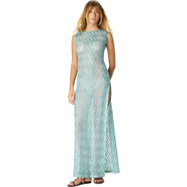 Missoni Long Mesh Cover-up Dress With Zigzag Pattern, Sequins - Light Blue