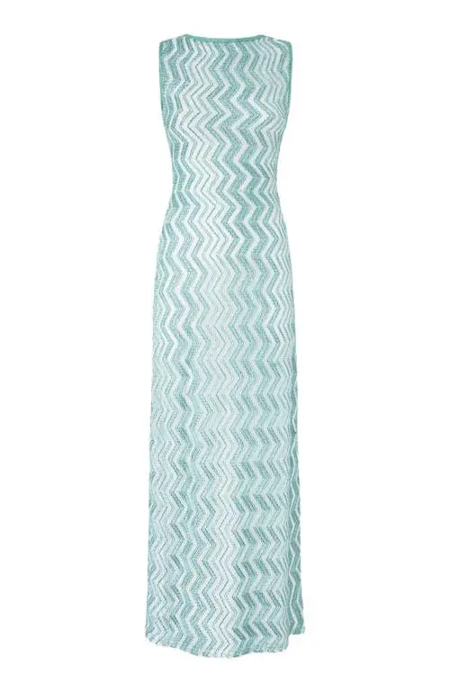 Missoni Long Mesh Cover-up Dress With Zigzag Pattern, Sequins - Light Blue
