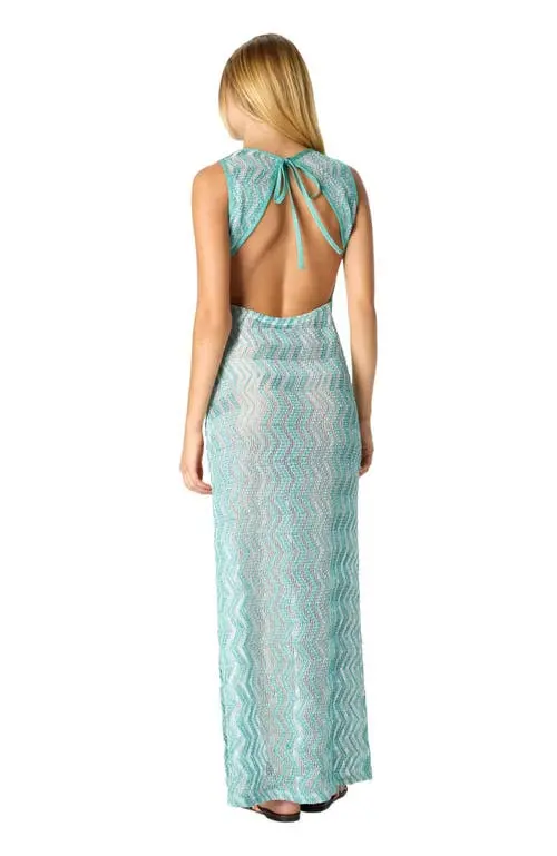 Missoni Long Mesh Cover-up Dress With Zigzag Pattern, Sequins - Light Blue