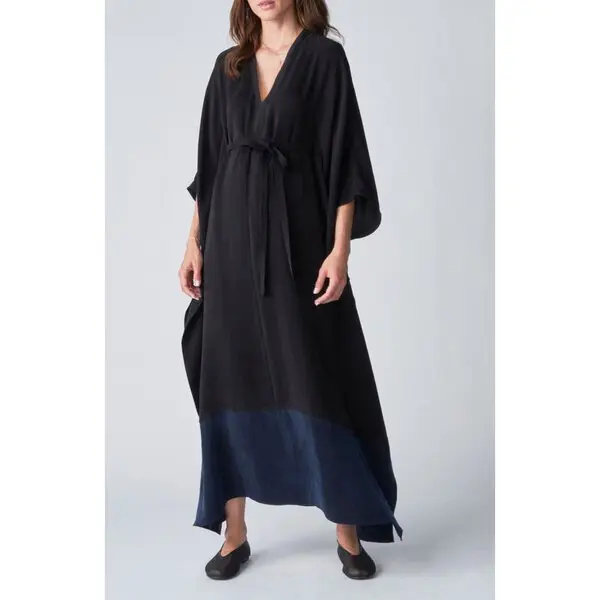 OCEAN+MAIN Belted Cupro Caftan - Black & Navy