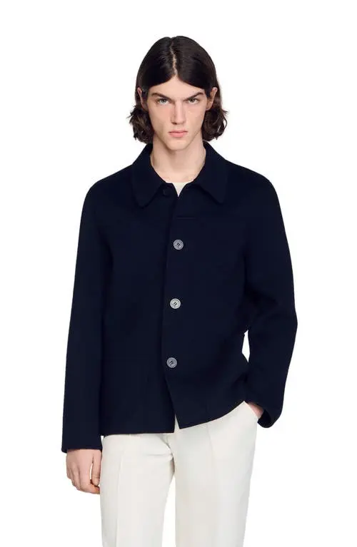 Sandro Wool Worker Jacket With Patch Pockets - Navy Blue