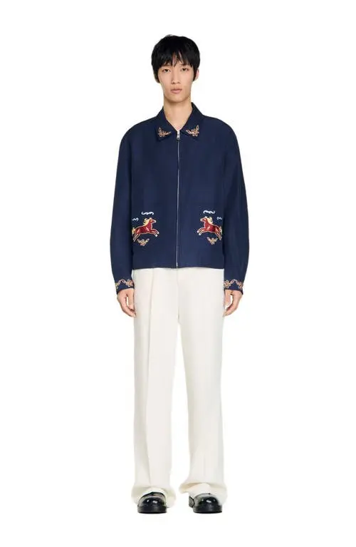 Sandro Embroidered Wing Collar Zip-up Jacket
