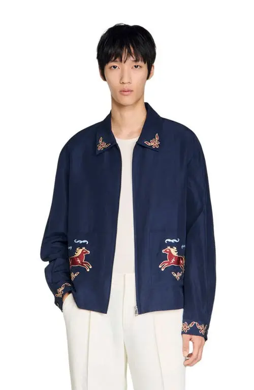 Sandro Embroidered Wing Collar Zip-up Jacket