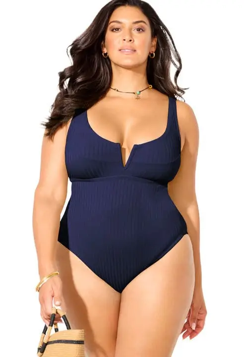 SWIMSUITS FOR ALL Ribbed V-wire One-piece Swimsuit With Tummy Control - Navy