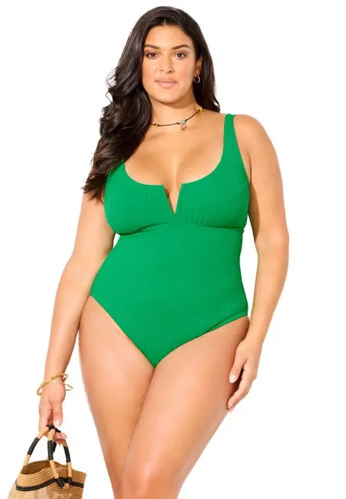 SWIMSUITS FOR ALL Ribbed V-wire One Piece Swimsuit - Retro Green