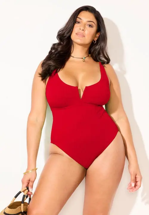 SWIMSUITS FOR ALL Ribbed V-wire One-piece Swimsuit - Ruby