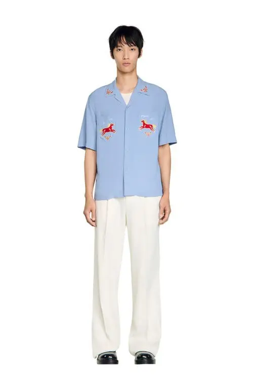 Sandro Embroidered Horse Loose-fit Shirt - Blue