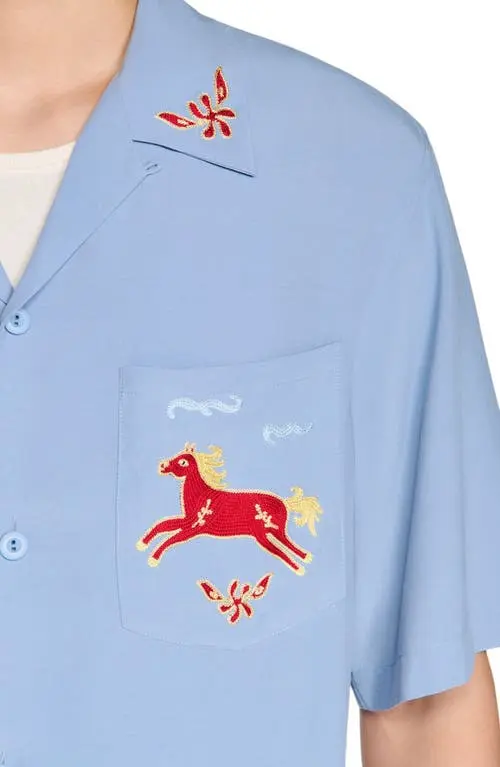 Sandro Embroidered Horse Loose-fit Shirt - Blue