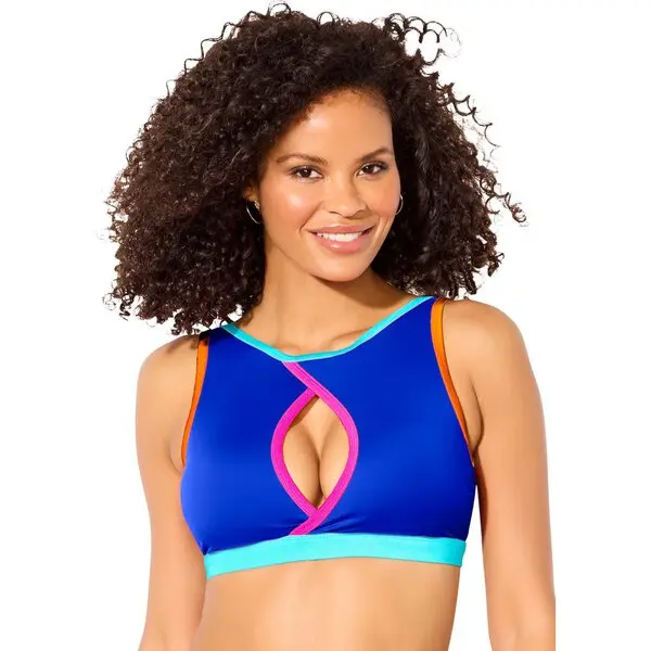 SWIMSUITS FOR ALL Shimmer Trim High-neck Keyhole Bikini Top - Royal Multi
