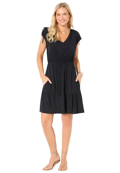 SWIMSUITS FOR ALL Wrinkle-resistant V-neck Short Sleeve Cover Up Dress - Black