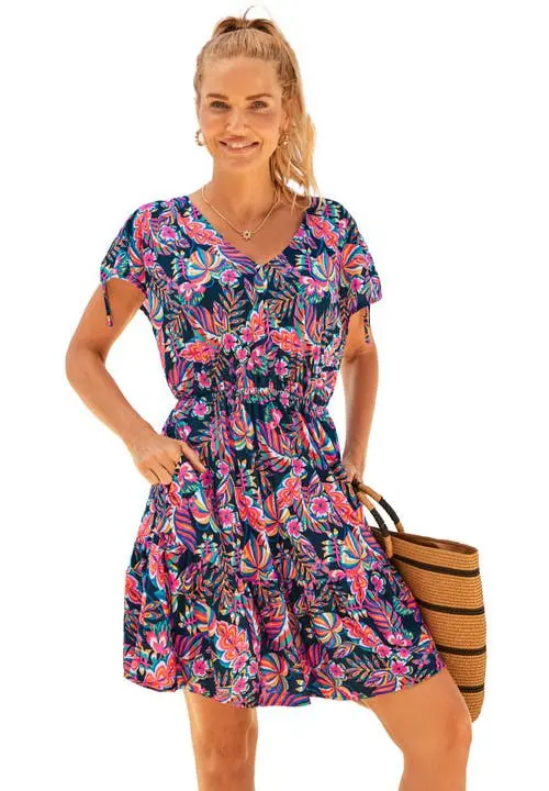 SWIMSUITS FOR ALL Wrinkle-resistant Cover Up Dress - Navy Multi Palms
