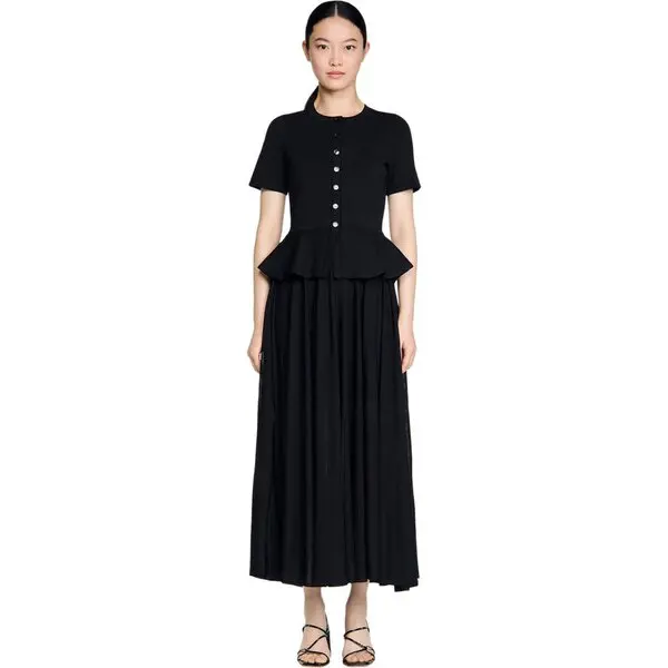 Sandro Fitted Peplum Knit Maxi Dress - Black