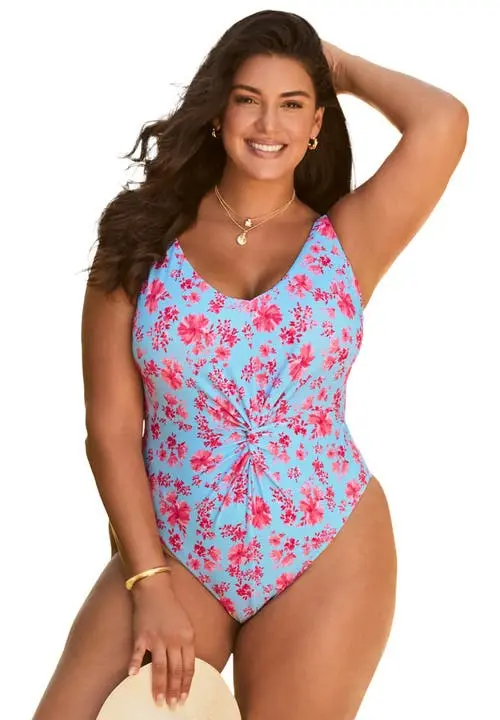 SWIMSUITS FOR ALL Twist-front V-neck One Piece Swimsuit - Horizon In Bloom