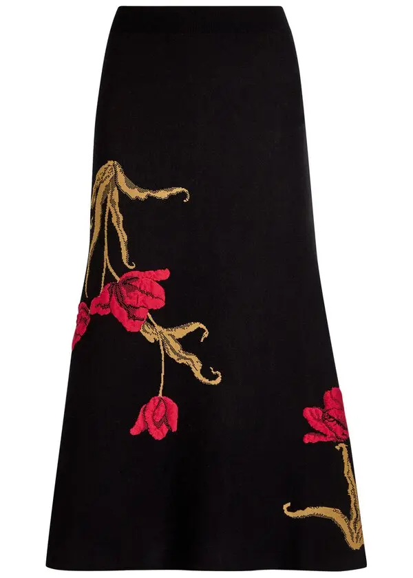 Erdem Floral Intarsia Knit Midi Skirt - Black