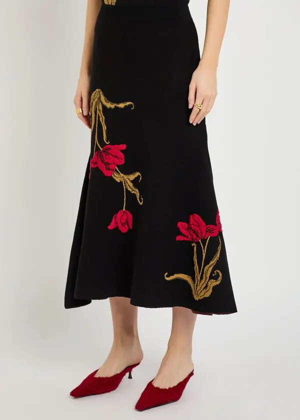 Erdem Floral Intarsia Knit Midi Skirt - Black