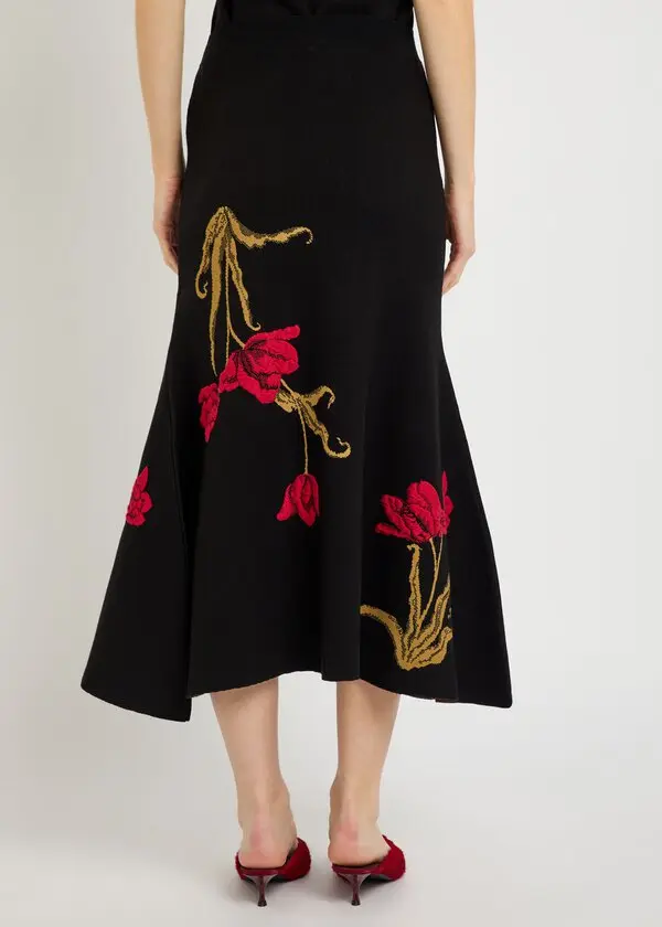 Erdem Floral Intarsia Knit Midi Skirt - Black