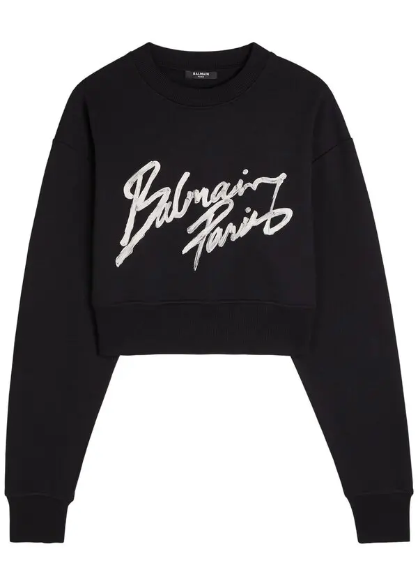 Balmain Logo-print Cropped Cotton Sweatshirt - Black And White