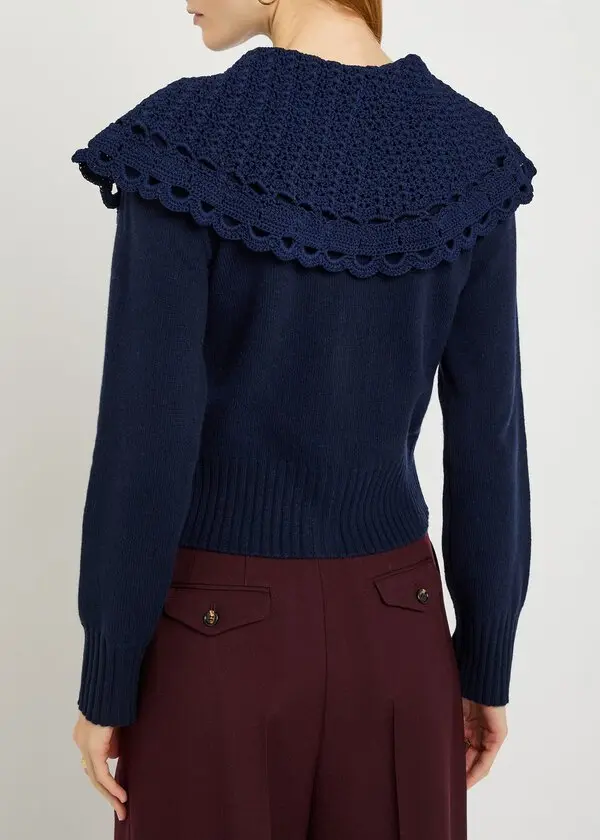 Erdem Crochet Collar Wool-blend Cardigan - Navy
