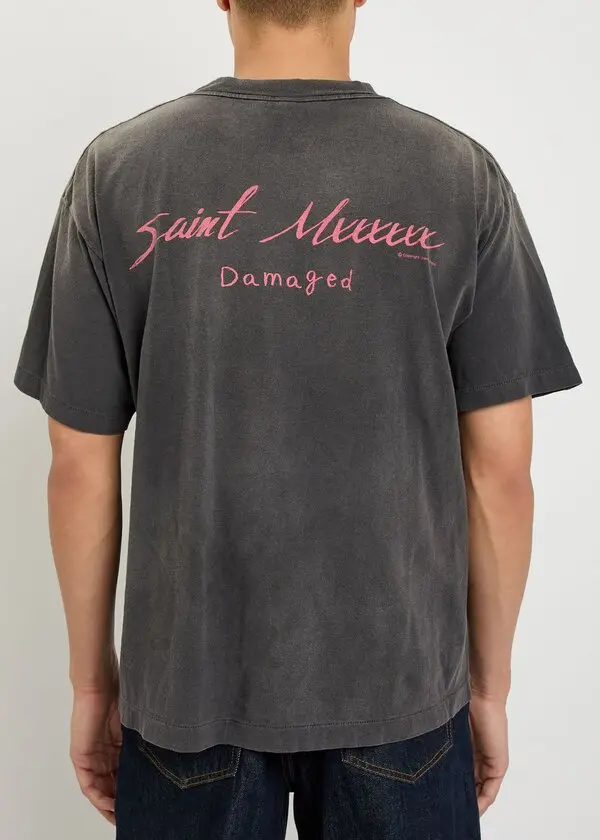 SAINT MXXXXXX Damaged Printed Cotton T-shirt - Black