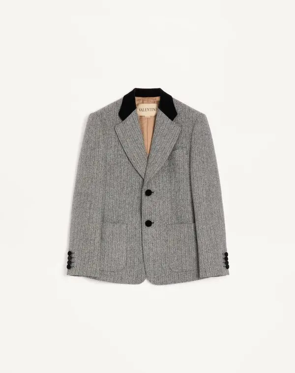 Valentino Garavani Single-breasted Wool Jacket In Chevron Pattern - White/ Black