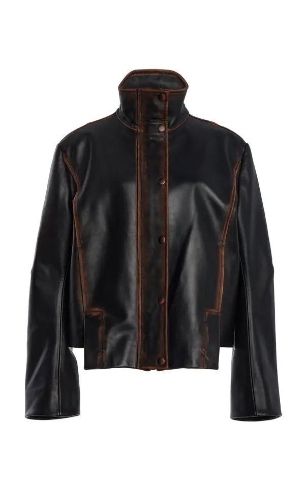 Brandon Maxwell The Mason High-neck Hand Distressed Leather Jacket
