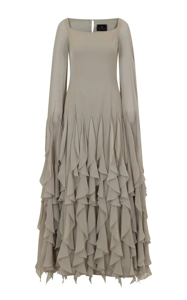 AQUILLORA Innocence Ruffled Chiffon Maxi Dress - Light Grey