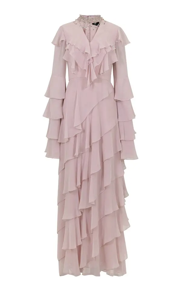 AQUILLORA Innocence Ruffled Chiffon Maxi Dress - Light Pink
