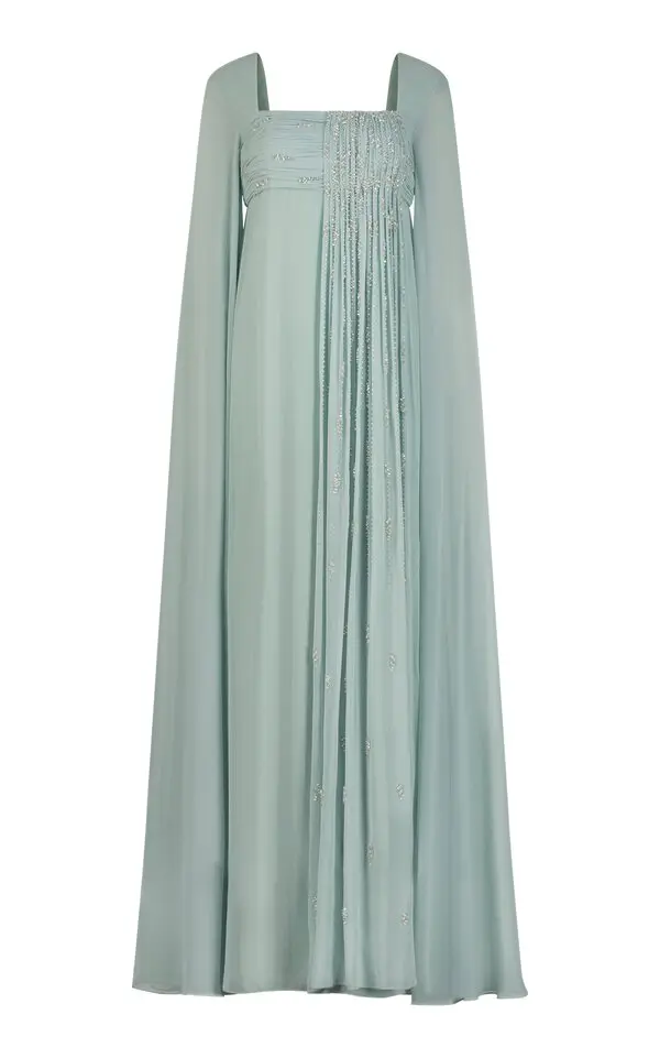 AQUILLORA Zenith Pleated Embellished Chiffon Caftan Dress - Turquoise