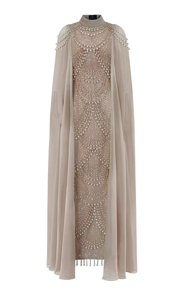 AQUILLORA Twilight Embellished Chiffon Caftan Dress - Tan
