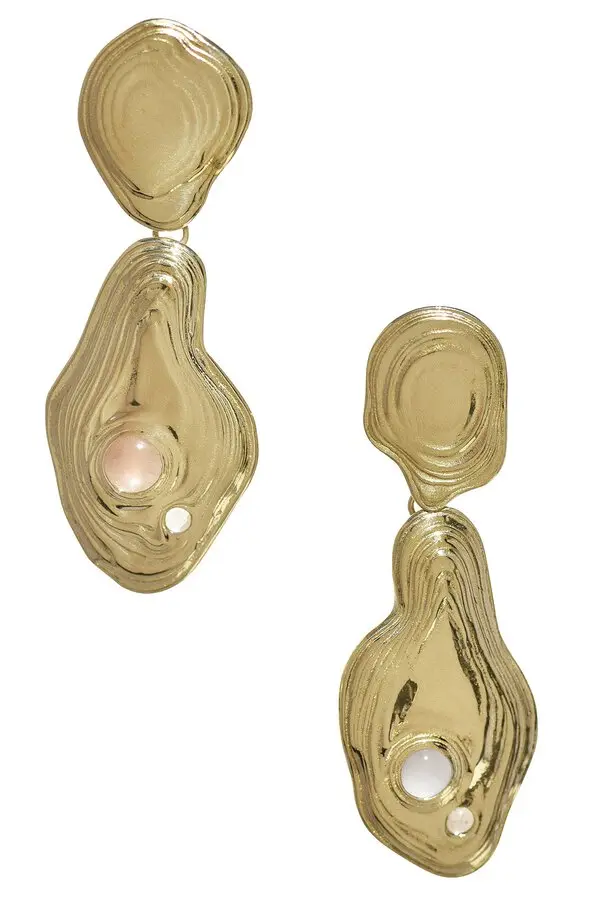 LEIGH MILLER Lava Drop Earrings - Brass  Chalcedony  Moonstone  & Sunstone