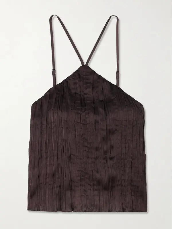 Staud Akari Plissé-satin Tank - Brown