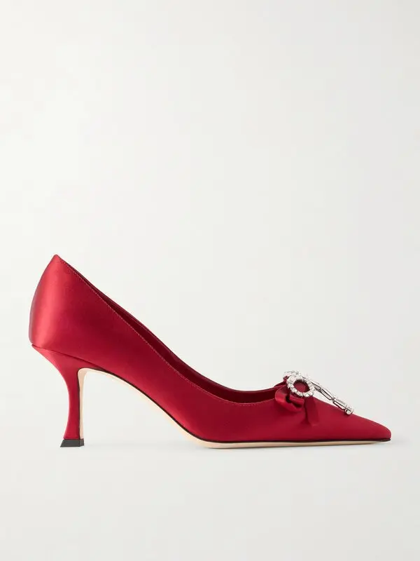 JIMMY CHOO Aura 70 Crystal Bow-embellished Satin Pumps - Red