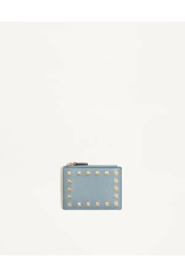 Valentino Garavani Rockstud Grainy Calfskin Cardholder With Zipper - Natural