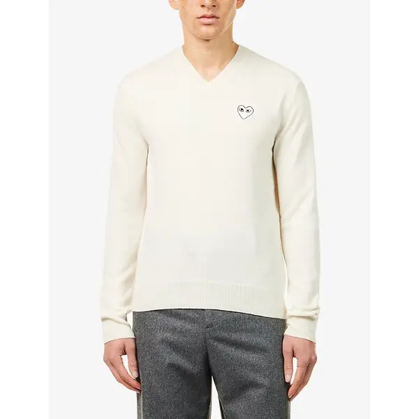 Play Comme Des Garcon Heart-embroidered Knitted Wool Jumper - Natural