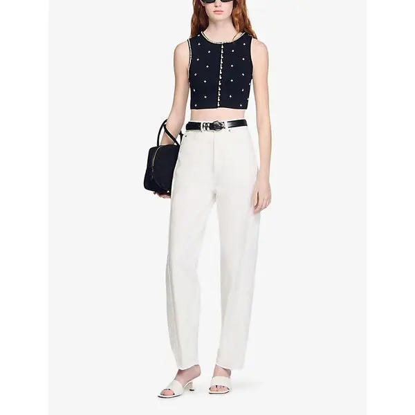 Sandro Rhinestone-embellished Cropped Knitted Top