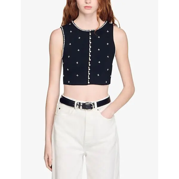 Sandro Rhinestone-embellished Cropped Knitted Top