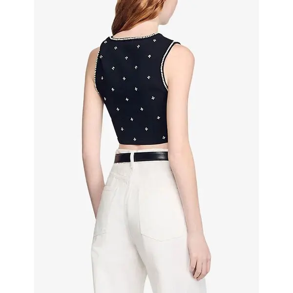 Sandro Rhinestone-embellished Cropped Knitted Top